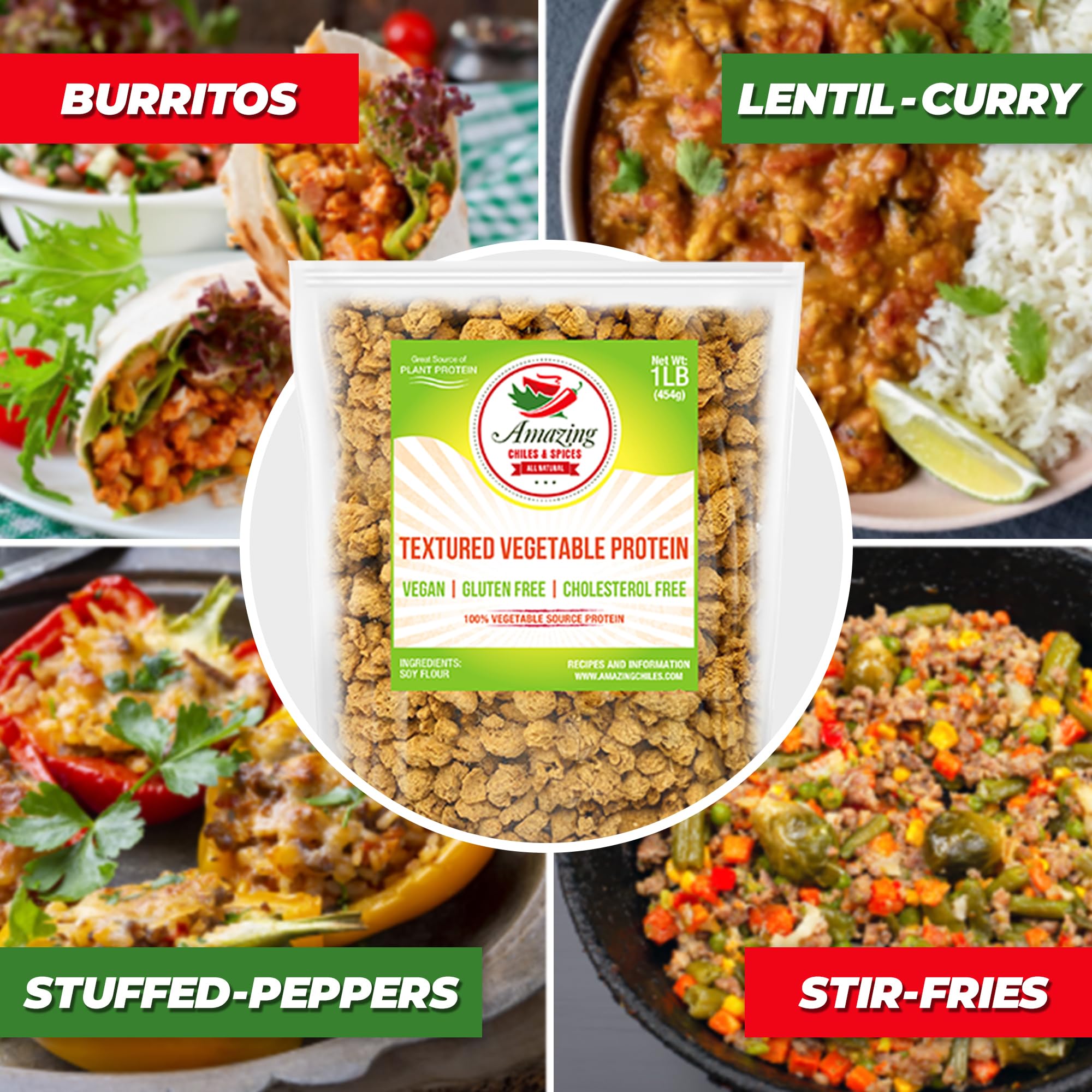 Textured Vegetable Protein (TVP), Unflavored, 1 lb. Bag, Natural Plant Based Vegan Protein Chunks, Non-GMO and Gluten Free Crumbles, Cholesterol Free by Amazing Chiles