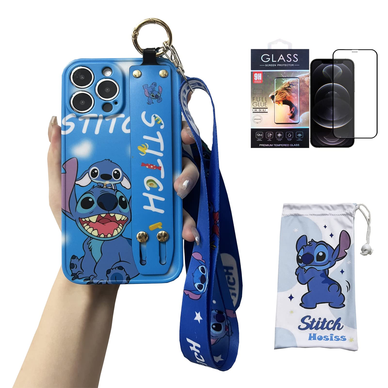 Hosiss Cartoon Case for iPhone 13 6.1'' with HD Screen Protector, Stitch Upgraded Wrist Strap Band Adjustable Lanyard TPU Shockproof Protective Phone Case for Women Girls