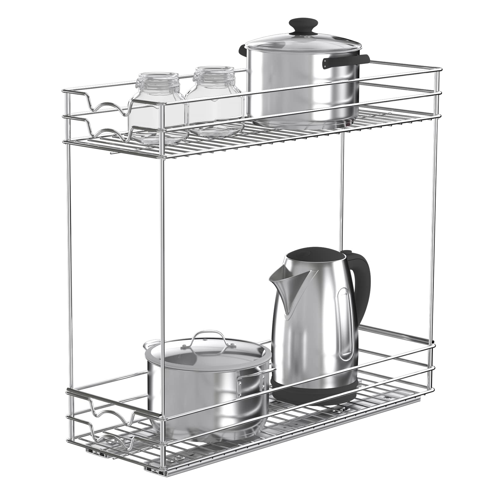 Lepatape Pull Out Cabinet Organizer Cabinet 2-Tier Pull Out Shelves Kitchen Cabinet Organizer (7" W x 21" D x 17" H) Kitchen Organization Slide Out Kitchen Cabinet Storage Shelves Chrome Finish