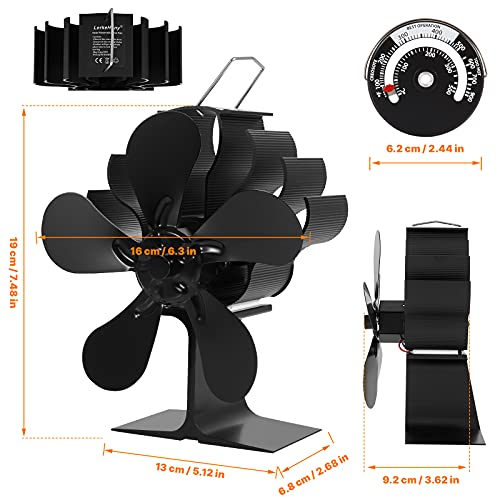 LerkeHony Wood Stove Fan Heat Powered, Fireplace Fan with Thermometer, Circulating Warm Air Saving Fuel Efficiently, for Wood/Log Burner/Fireplace, 5-Blade