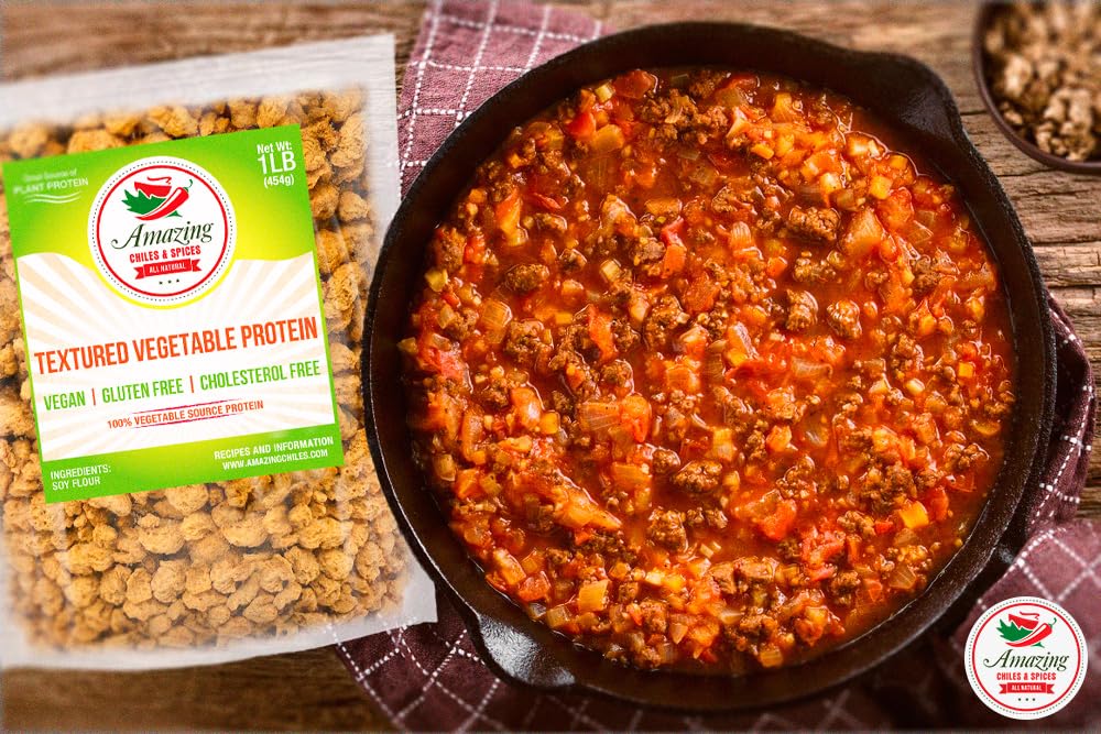 Textured Vegetable Protein (TVP), Unflavored, 1 lb. Bag, Natural Plant Based Vegan Protein Chunks, Non-GMO and Gluten Free Crumbles, Cholesterol Free by Amazing Chiles