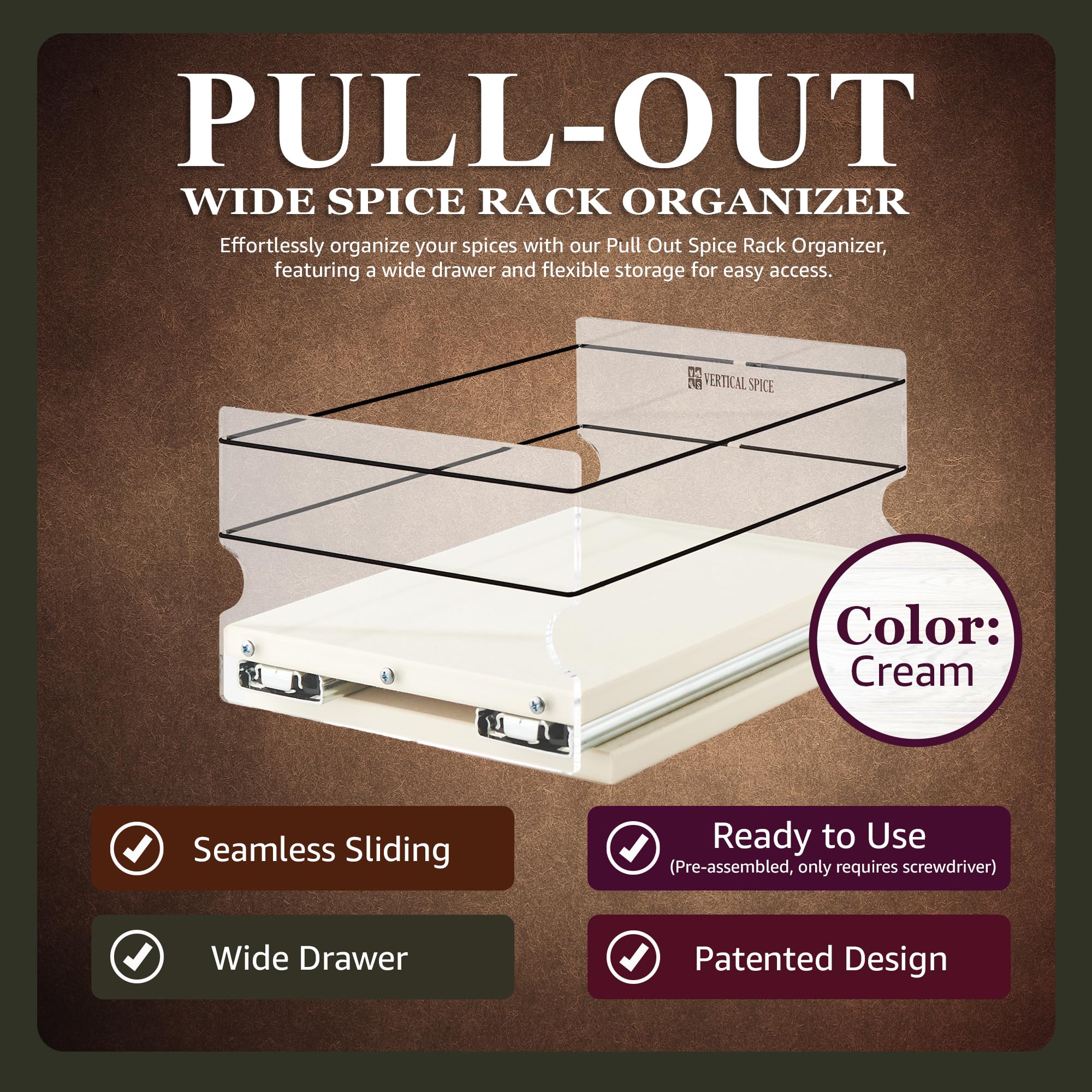 Vertical Spice - 6x1x11 DCP - Heavy Duty Storage Organizer Drawer for Cabinets and Pantries - Size: 6.9" Width x 5.0" Height x 10.6" Depth - Partially Assembled - MADE IN USA