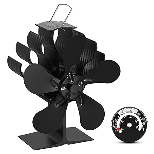 LerkeHony Wood Stove Fan Heat Powered, Fireplace Fan with Thermometer, Circulating Warm Air Saving Fuel Efficiently, for Wood/Log Burner/Fireplace, 5-Blade