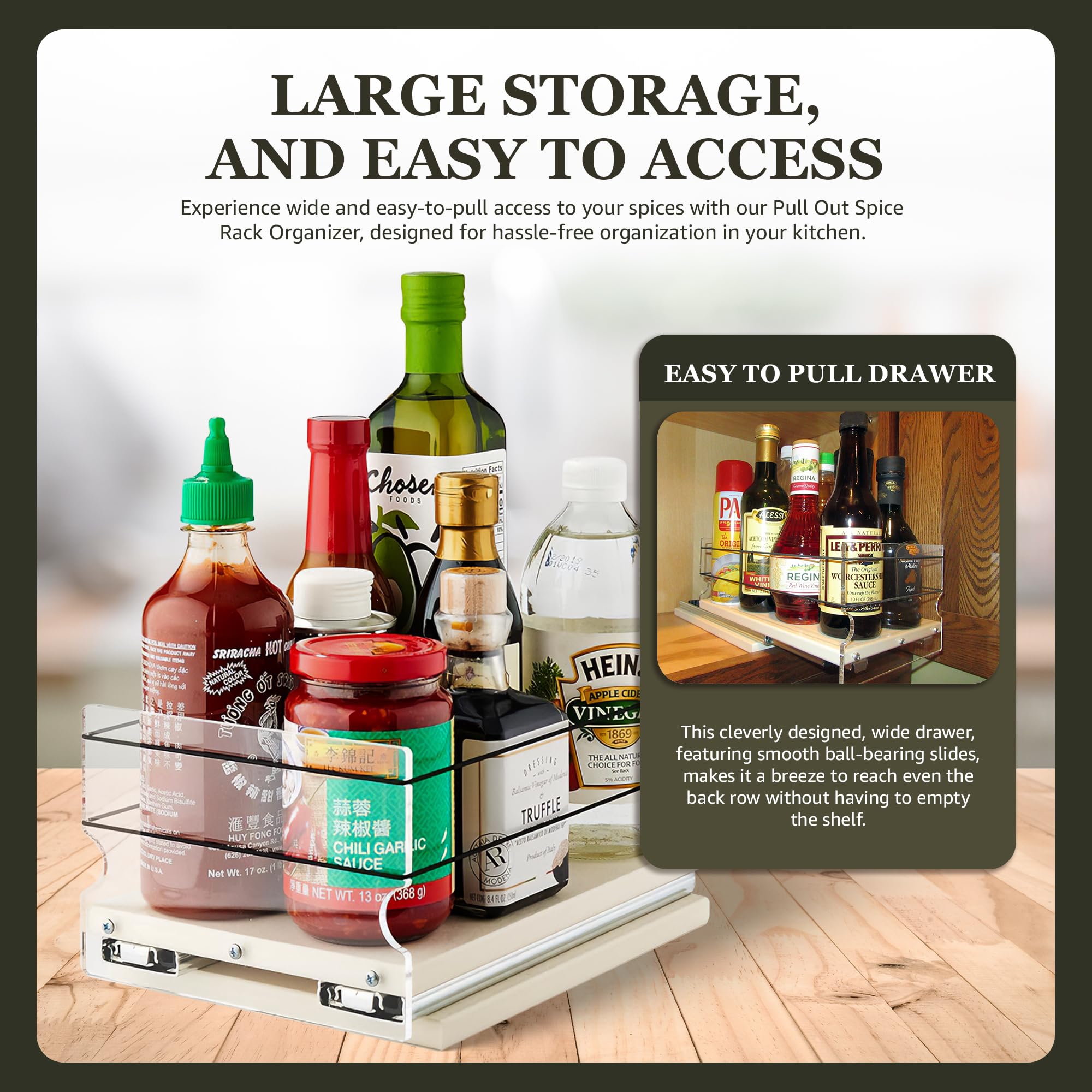 Vertical Spice - 6x1x11 DCP - Heavy Duty Storage Organizer Drawer for Cabinets and Pantries - Size: 6.9" Width x 5.0" Height x 10.6" Depth - Partially Assembled - MADE IN USA
