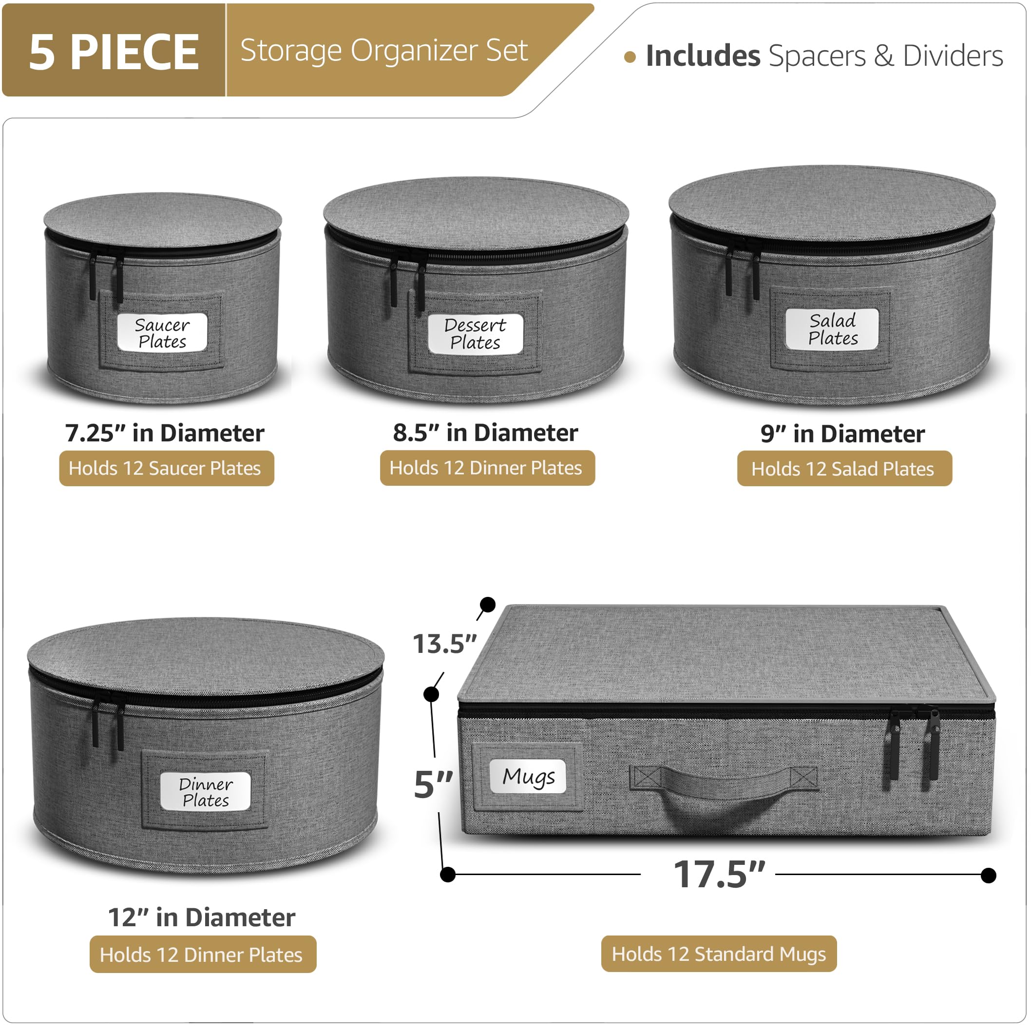 Sorbus China Dinnerware Storage Organizer Hard Shell 5-Piece Set for Protecting or Transporting - Service for 12 - Round Plate and Cup holder with Quilted Felt for Plate Dividers (Gray)
