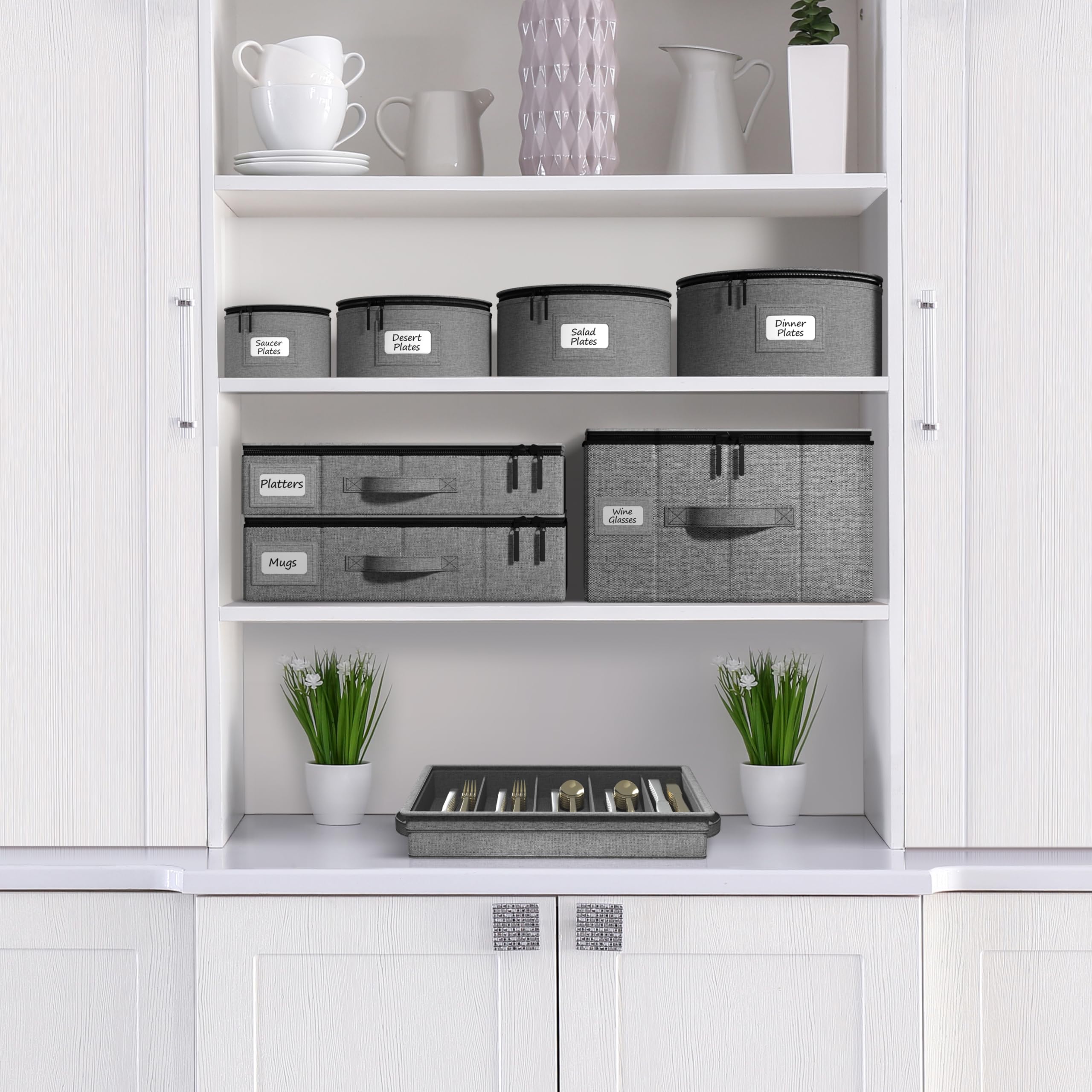 Sorbus China Dinnerware Storage Organizer Hard Shell 5-Piece Set for Protecting or Transporting - Service for 12 - Round Plate and Cup holder with Quilted Felt for Plate Dividers (Gray)
