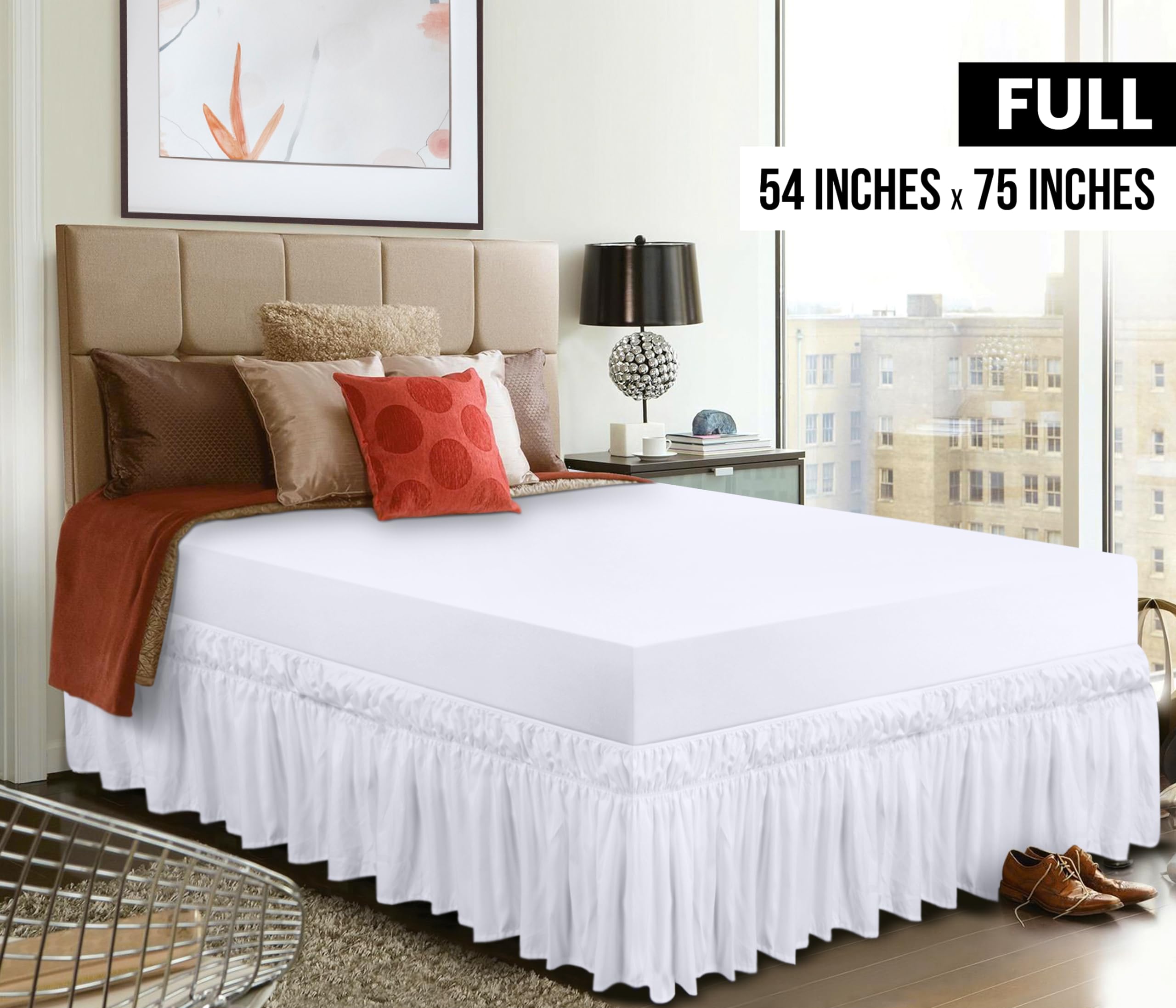 Utopia Bedding Full Elastic Bed Ruffle - Easy Wrap Around Ruffle - Microfiber Bed Skirt with Adjustable Elastic Belt 16 Inch Tailored Drop - Hotel Quality Bedskirt, Fade Resistant (Full, White)
