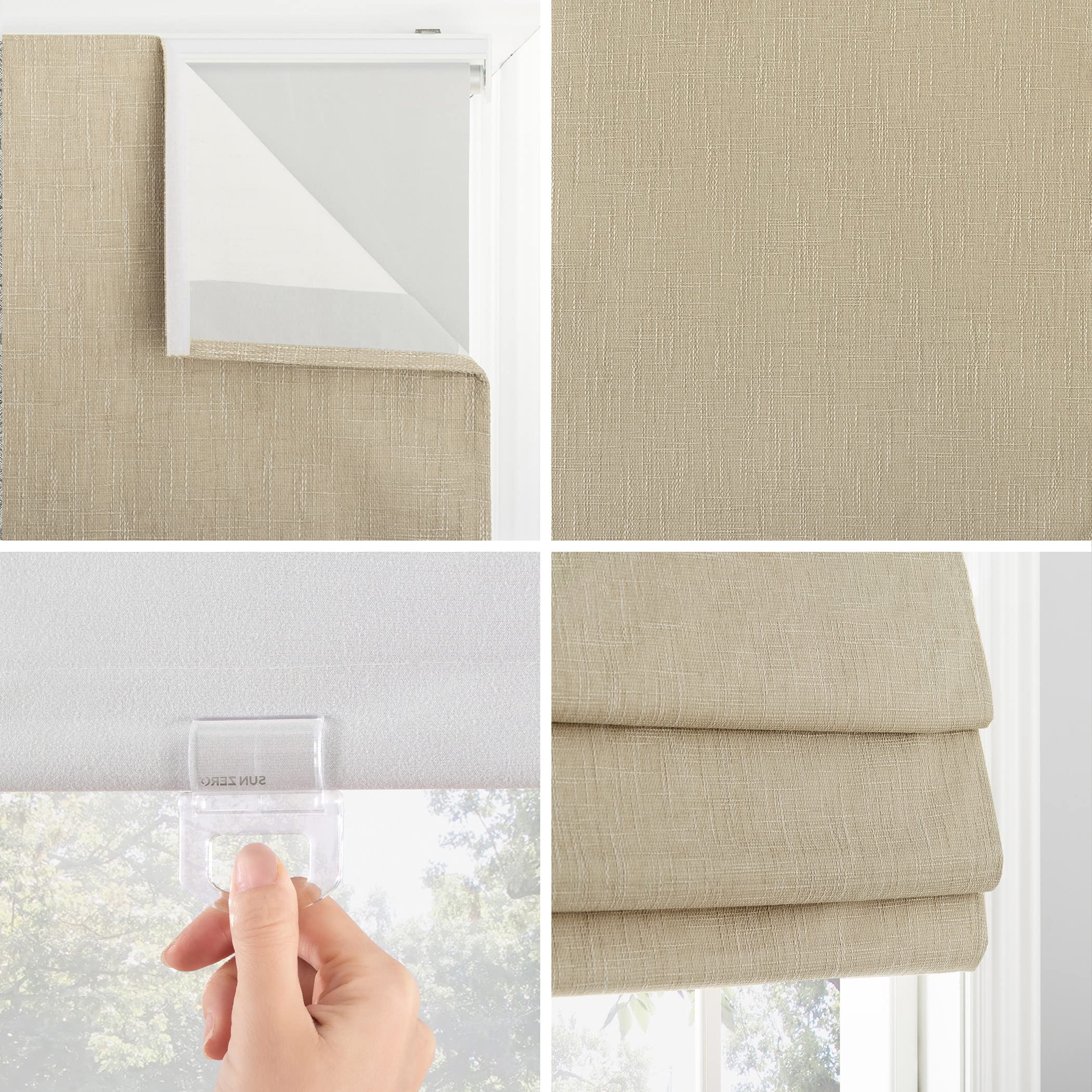 Sun Zero Preble Textured Total Blackout Cordless Roman Shade, 35" x 64", Beige
