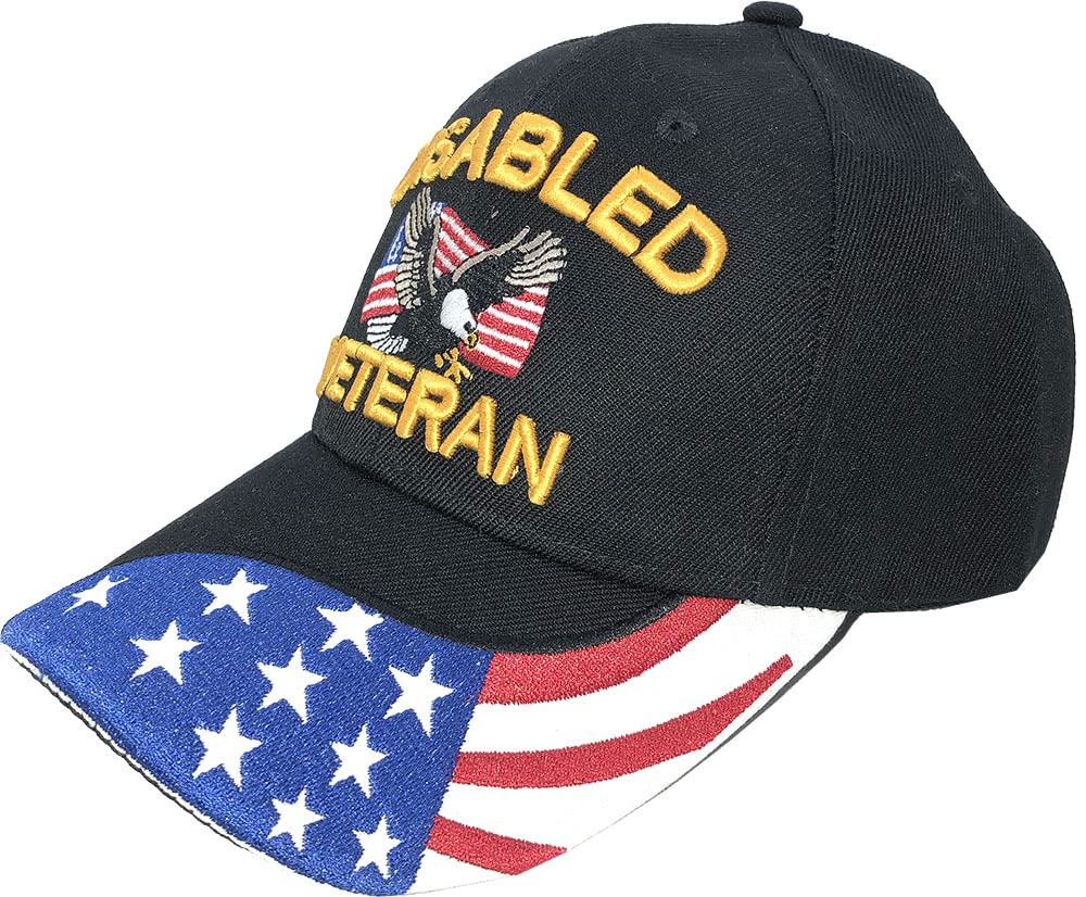 U.S. Army Baseball Caps Hats | Military Veterans Apparel | 3D Embroidered | Adjustable (Disabled Veteran with US Flag and Eagle) Black