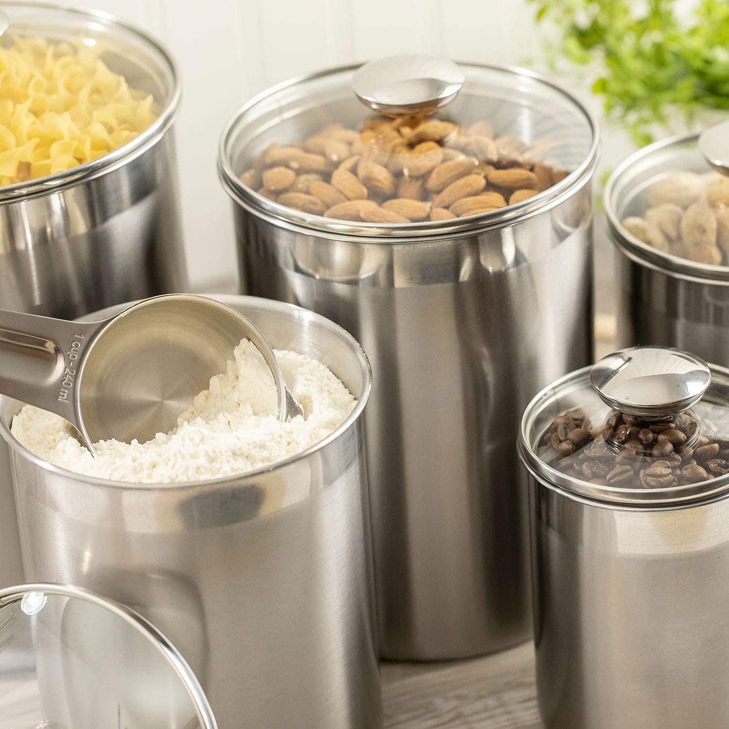 Airtight Canisters Sets for the Kitchen Counter - Stainless Steel Food Storage Containers with Glass Lids for Tea Coffee Sugar Flour Baking Dry Storage, Metal Pantry Canister - Extra Large 10PCS