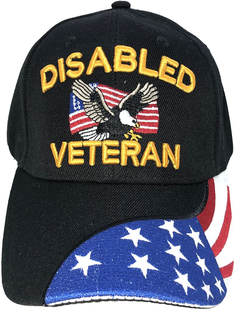 U.S. Army Baseball Caps Hats | Military Veterans Apparel | 3D Embroidered | Adjustable (Disabled Veteran with US Flag and Eagle) Black