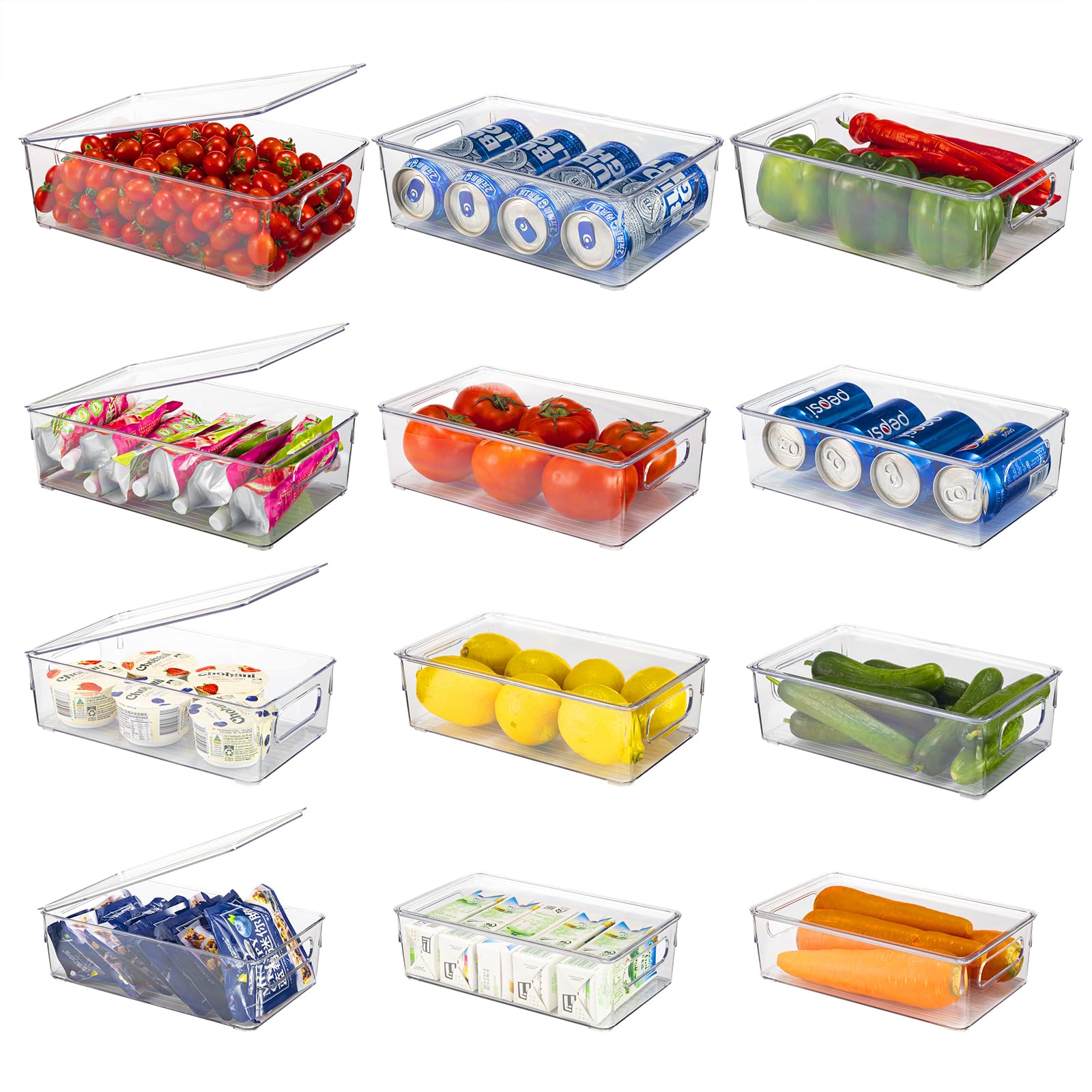 MASSUGAR Refrigerator Organizer Bins with Lid, 12 Pack Plastic Freezer Organizer Bins - Stackable Fridge Organizers and Storage for Freezer, Kitchen - Clear Pantry Organization and Storage Bins