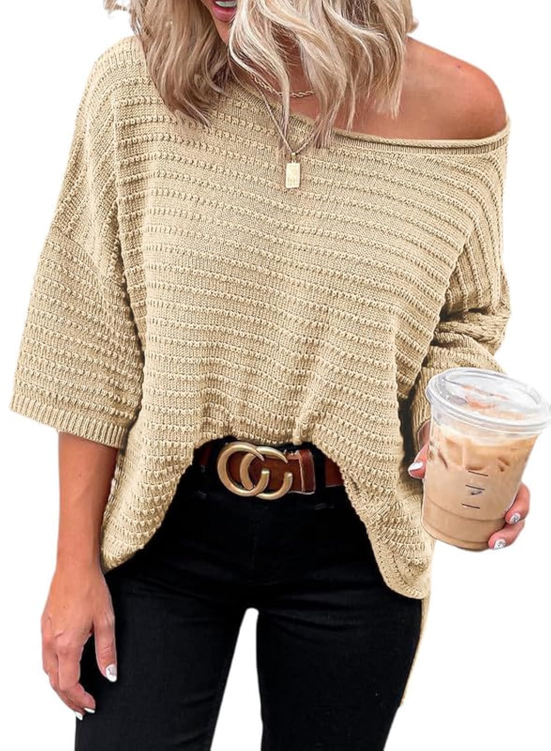 Dokotoo Womens Fashion Casual Spring Summer Shirts and Blouses for Women 2024 Pullover Sweater Off Shoulder T-Shirts 3/4 Sleeve Tunic Tops Loose Shirts Apricot Large