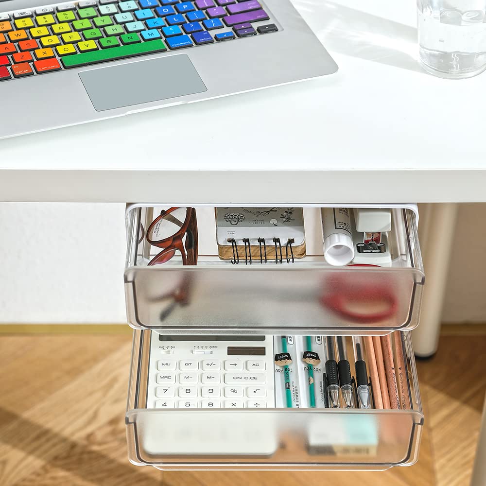 submatches Under Desk Drawer Organizer Slide Out, Hidden Self- adhesive Under Desk Storage Drawer with 2 Layers, Add a Drawer Under Table Storage Pencil Drawer for Office/Classroom/Home, White