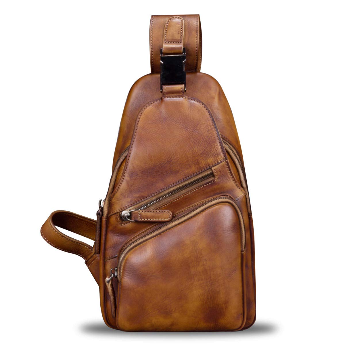 Genuine Leather Sling Bag Chest Shoulder Hiking Backpack Vintage Handmade Crossbody Daypack (Brown)