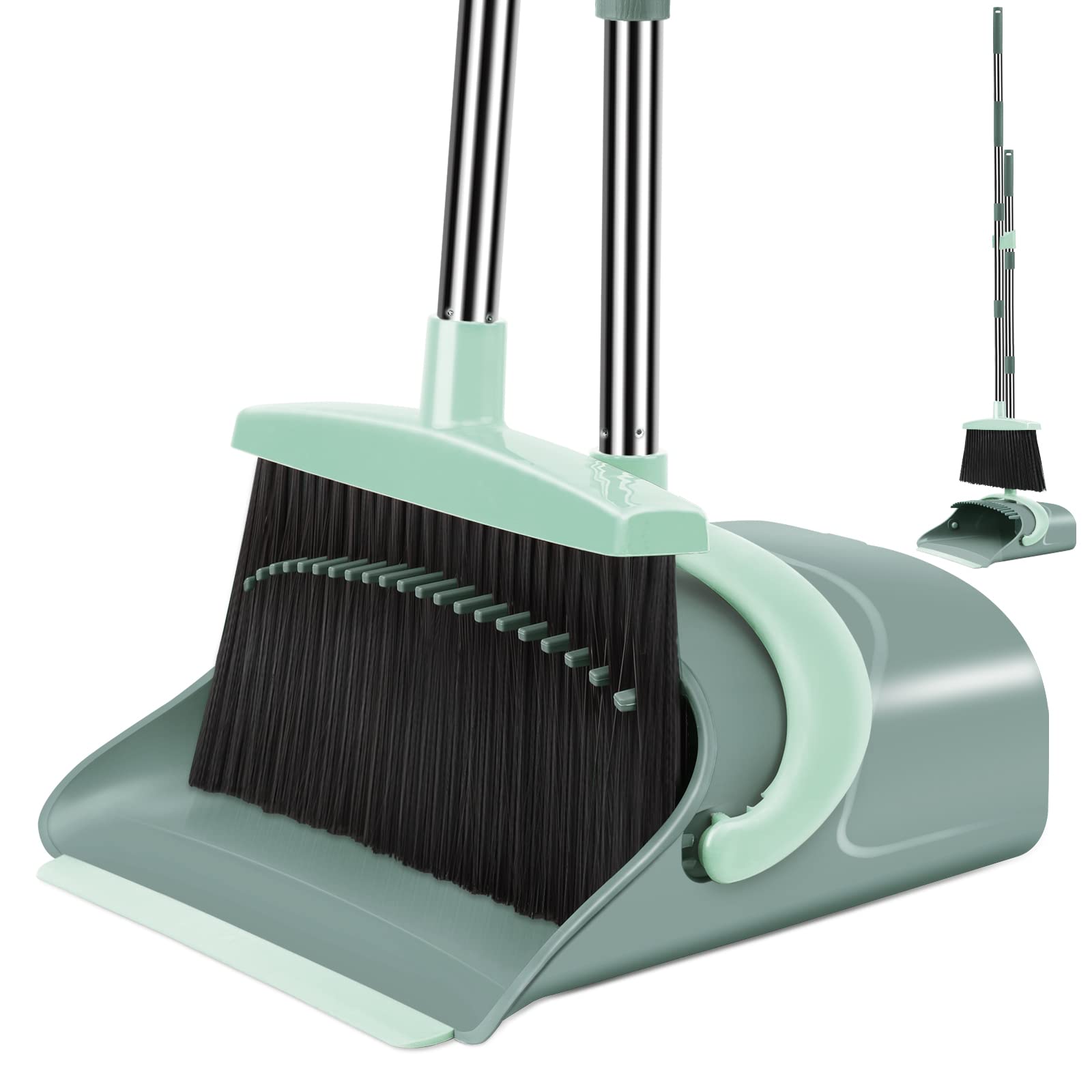 Chouqing Broom and Dustpan Set for Home,Broom and Dustpan Set,Broom Dustpan Set, Broom and Dustpan Combo for Office, Stand Up Broom and Dustpan (Green&Orange)