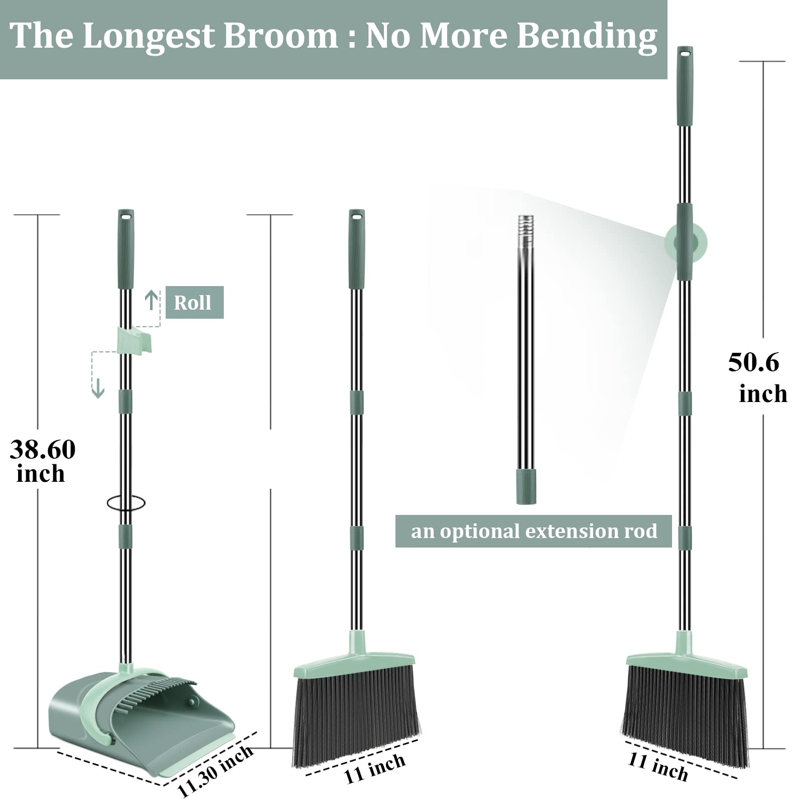 Chouqing Broom and Dustpan Set for Home,Broom and Dustpan Set,Broom Dustpan Set, Broom and Dustpan Combo for Office, Stand Up Broom and Dustpan (Green&Orange)