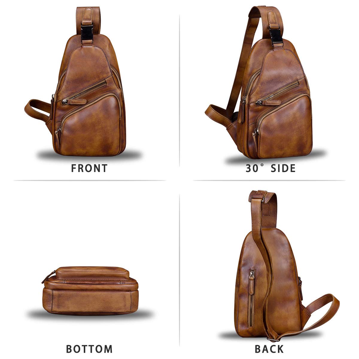 Genuine Leather Sling Bag Chest Shoulder Hiking Backpack Vintage Handmade Crossbody Daypack (Brown)