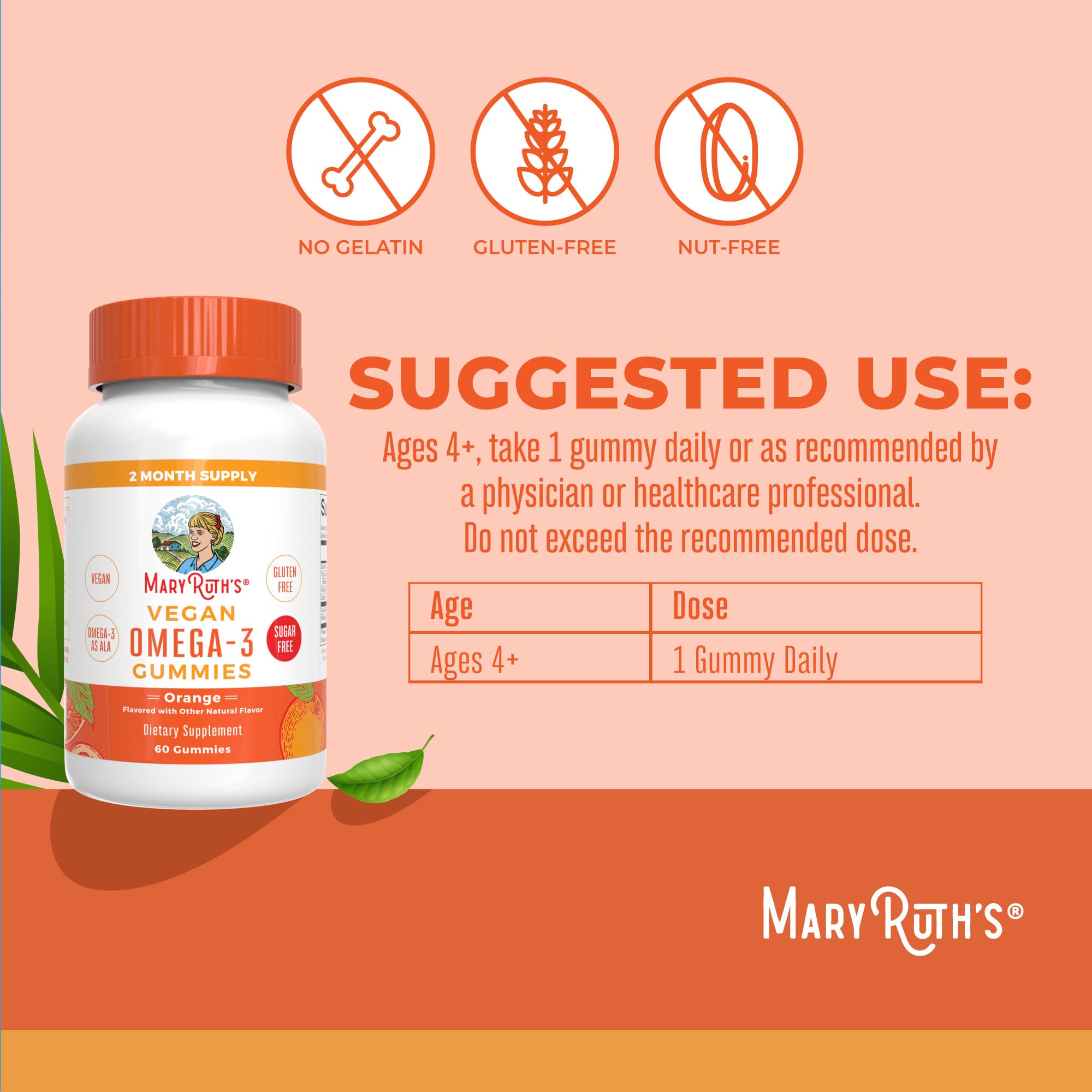 MaryRuth Organics Vegan Omega 3 Gummies for Adults | 2 Month Supply | Sugar Free Supplement with Vitamin C | Flaxseed Oil Immune Support | Overall Wellness | No Fish Taste | 60 Count