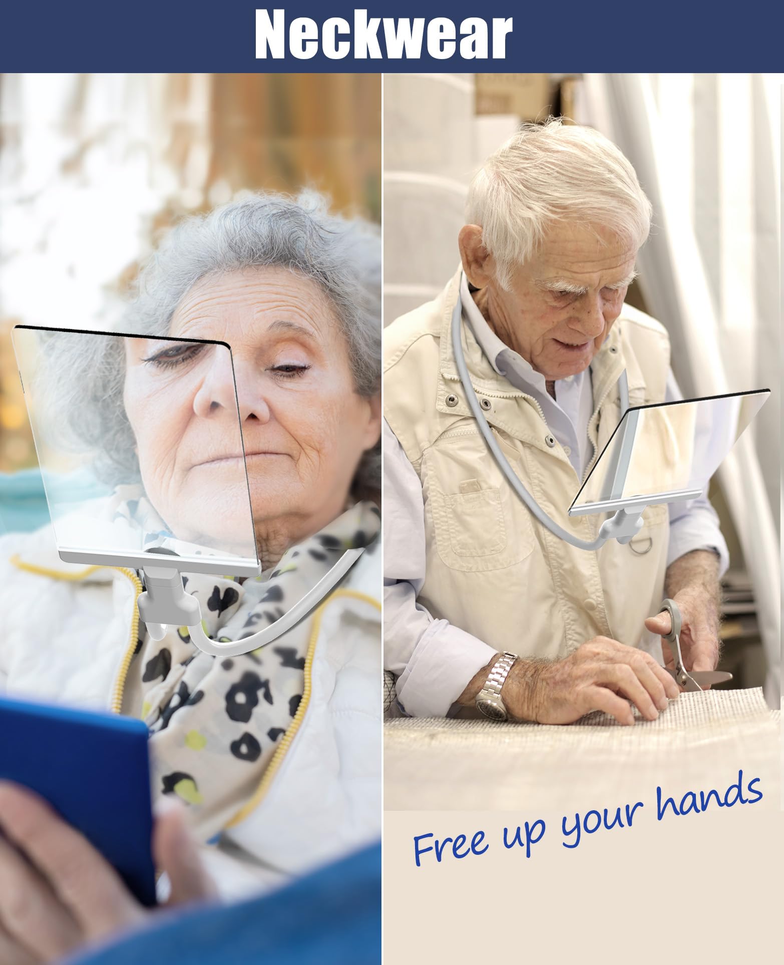 Magnifier for Reading 2x-3x Hands Free Magnifying Glass Neckwear Rectangular Full Page View, for Seniors, Men and Women, Magnifying Lens for Sewing, Cross Stitch, Needlepoint, Jewelry, Coins(White)