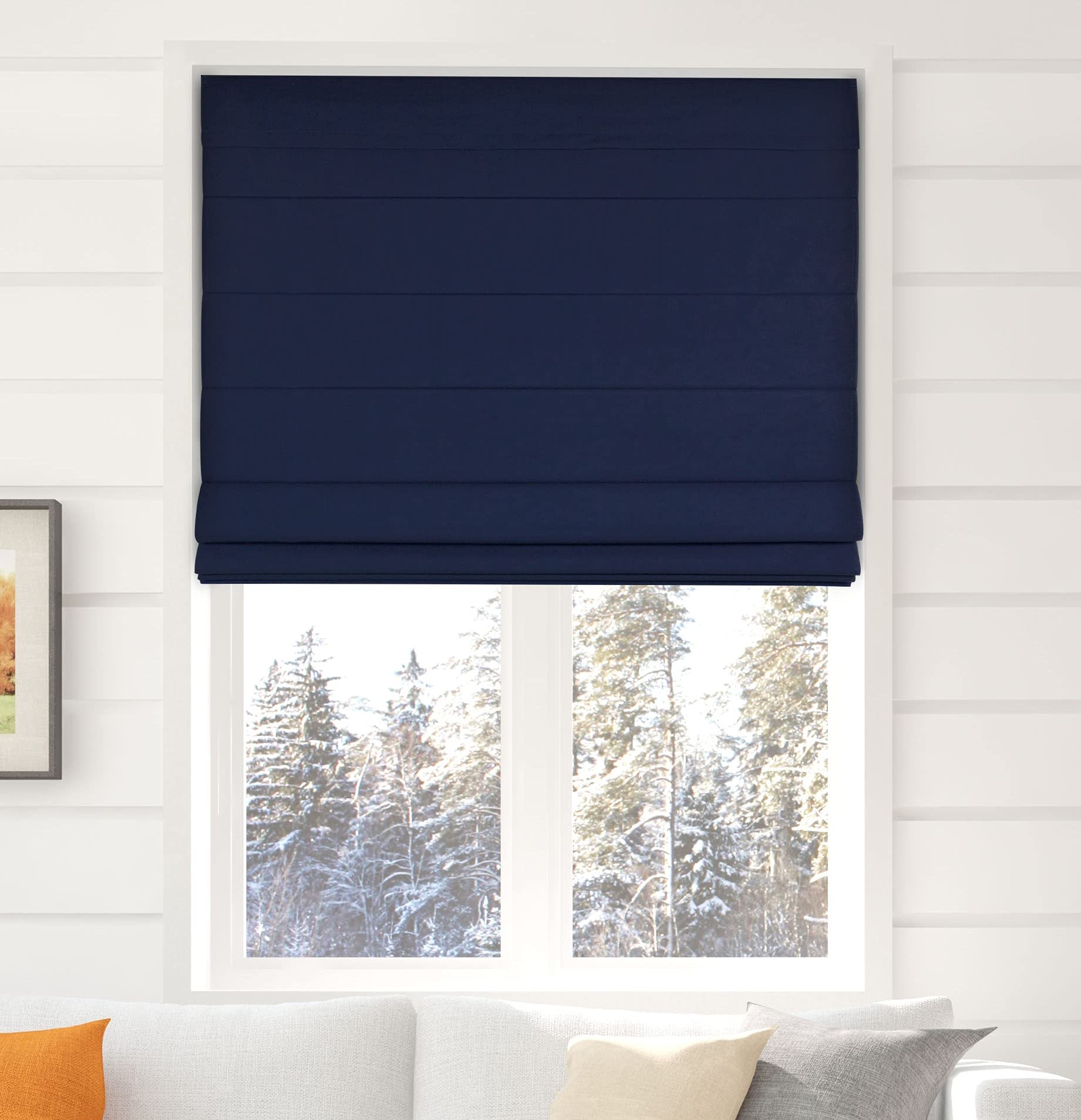 Arlo Blinds Thermal Room Darkening Fabric Roman Shades, Color: Navy, Size: 34" W X 60" H, Cordless Lift Window Blinds