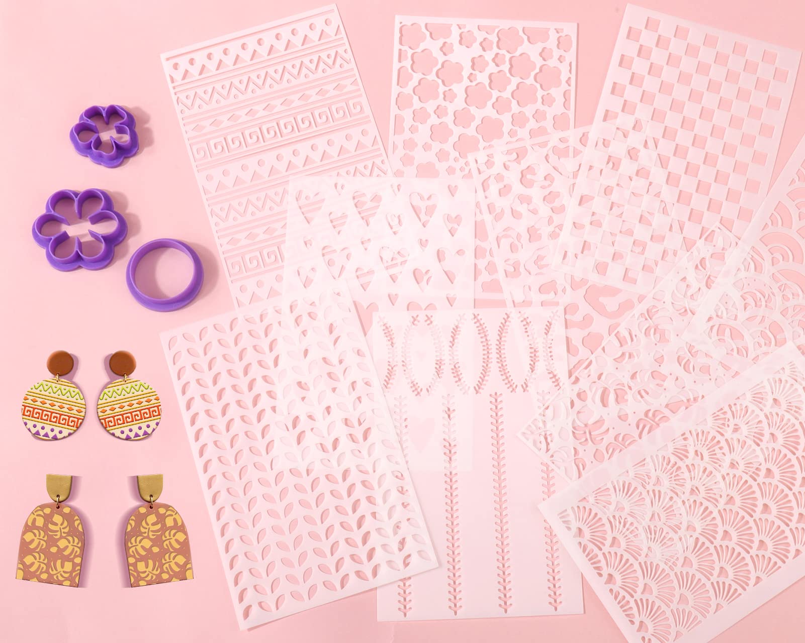 BABORUI 10Pcs Clay Texture Sheets for Polymer Clay, Reusable Clay Stamps Stencils with 2Pcs Scraper, Polymer Clay Tools Embossing Stamp Mats for Printing on Clay Earring Jewelry