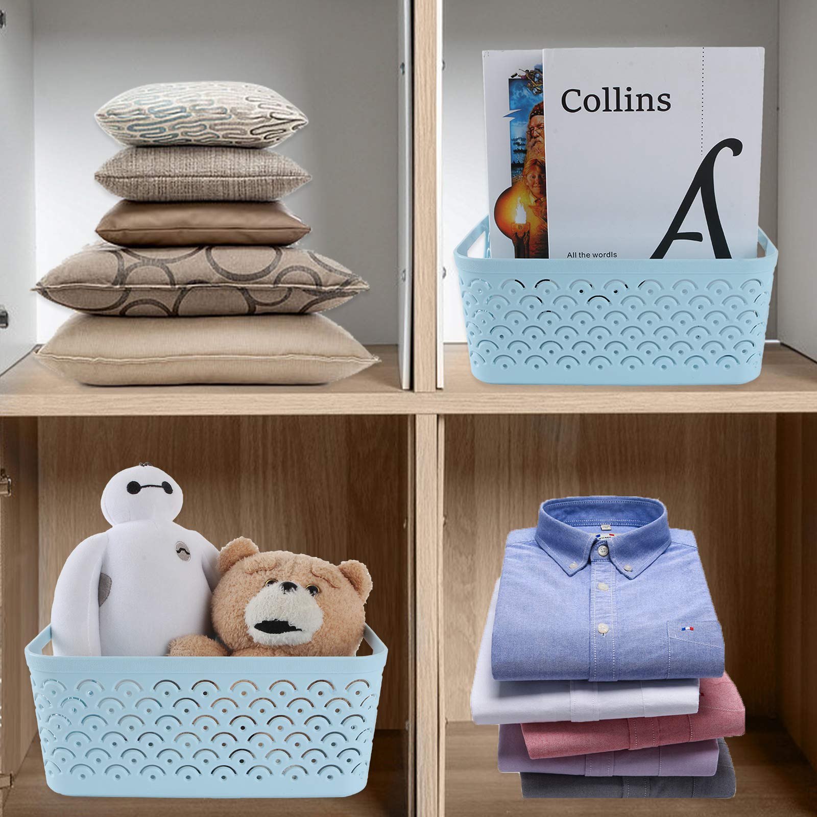 STARVAST 5 Pack Plastic Storage Baskets, Portable Blue Fish Scale Pattern Hollow Desktop Storage Bin Box with Handle for Kitchen, Bathroom, Kids Room or Nursery Storage β 9.4 x 7.1 x 4.1 inches