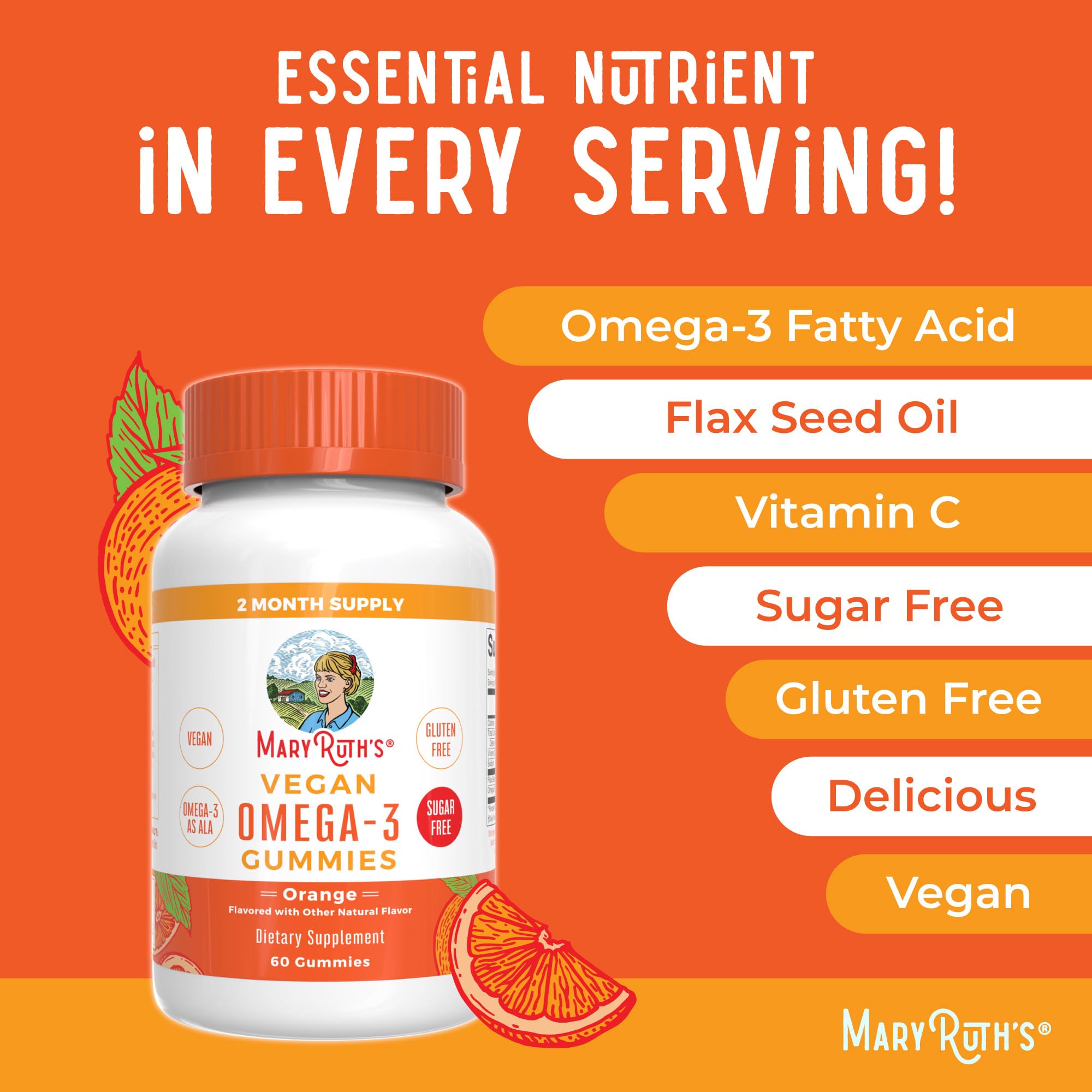MaryRuth Organics Vegan Omega 3 Gummies for Adults | 2 Month Supply | Sugar Free Supplement with Vitamin C | Flaxseed Oil Immune Support | Overall Wellness | No Fish Taste | 60 Count