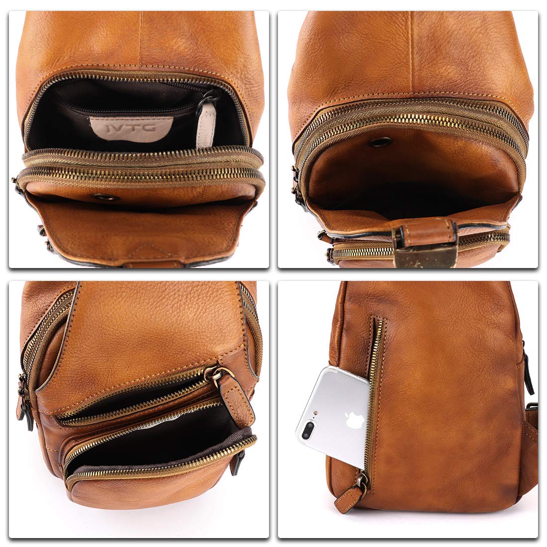 Genuine Leather Sling Bag Chest Shoulder Hiking Backpack Vintage Handmade Crossbody Daypack (Brown)