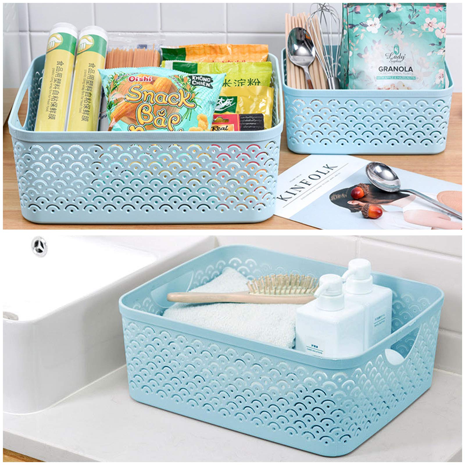 STARVAST 5 Pack Plastic Storage Baskets, Portable Blue Fish Scale Pattern Hollow Desktop Storage Bin Box with Handle for Kitchen, Bathroom, Kids Room or Nursery Storage β 9.4 x 7.1 x 4.1 inches