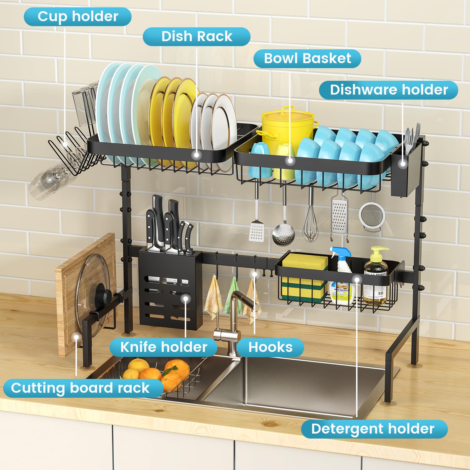 MERRYBOX Over The Sink Dish Drying Rack, 2-Tier Adjustable Length (25.6-33.5in), Stainless Steel Dish Drainer with Cutting Board Holder, Large Dish Rack for Kitchen Counter Organizer Space Saver