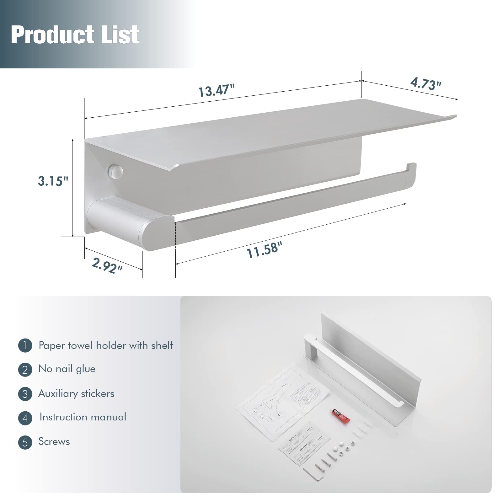 UNIGANT Paper Towel Holder with Shelf for Kitchen , Paper Towel Holder Wall Mount for Bathroom, Self-Adhesive Anti-Rust Aluminum, No Drill or Wall-Mounted with Screws (Sandblasted Silver)