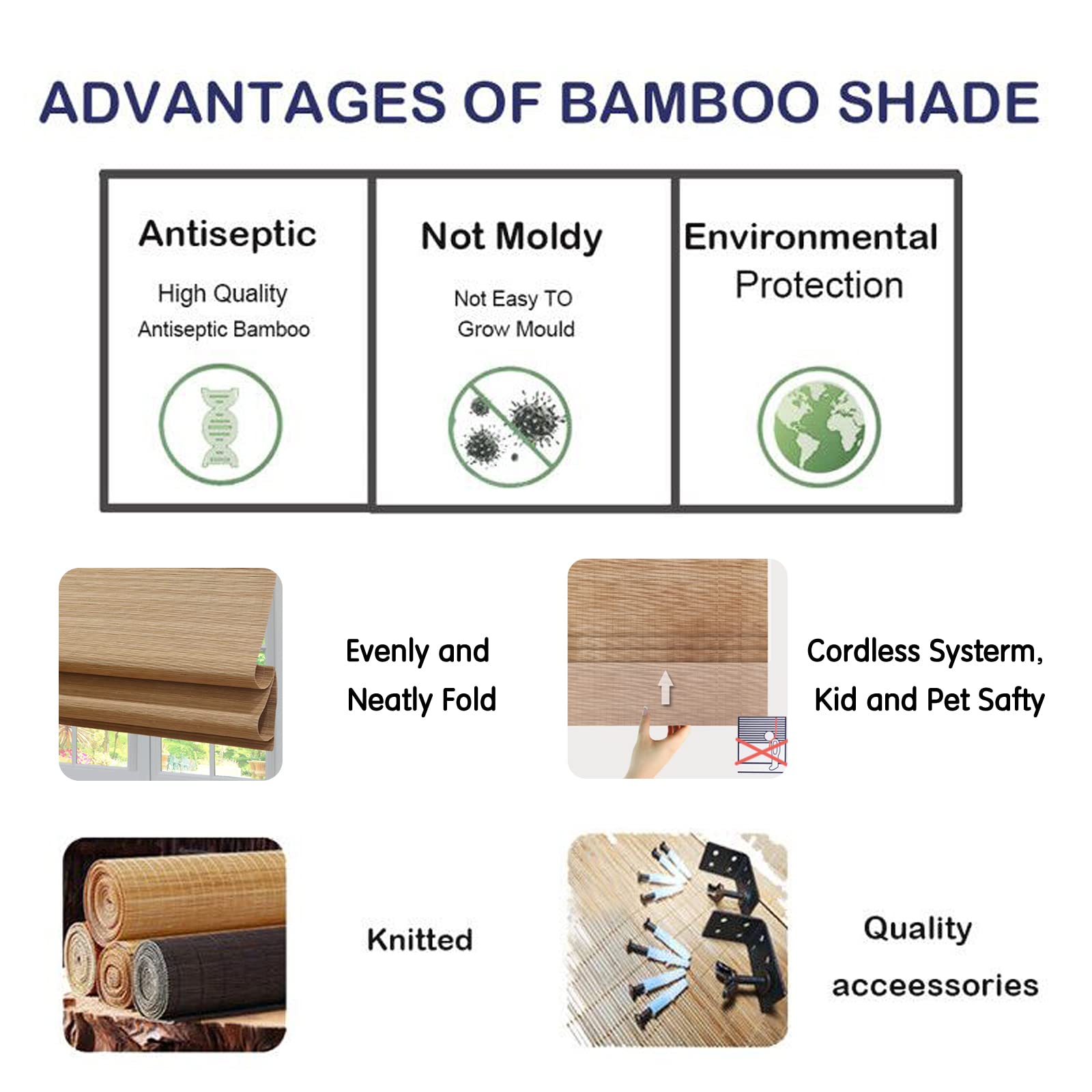 LANTIME Wood Window Roman Shades, Lined Blackout Bamboo Roman Shades Blinds, Easy Installation for Home and Garden, Pattern 6