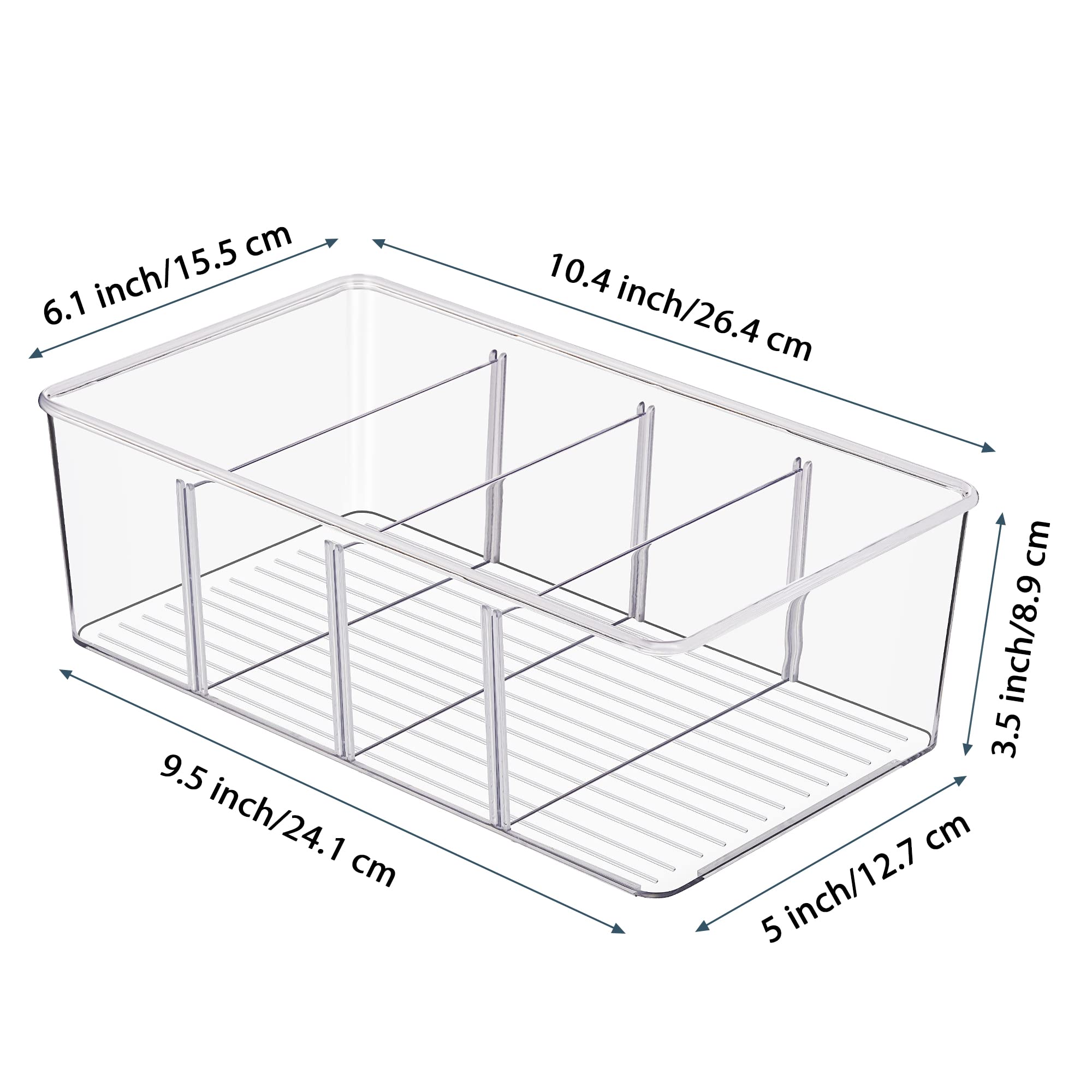 Vtopmart 6 Pack Food Storage Organizer Bins, Clear Plastic Bins for Pantry, Kitchen, Fridge, Cabinet Organization and Storage, 4 Compartment Holder Packets, Snacks, Pouches, Spice Packets