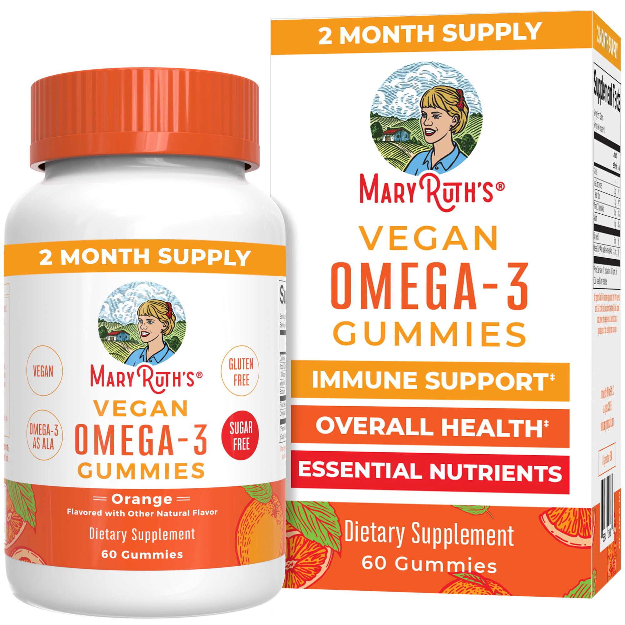 MaryRuth Organics Vegan Omega 3 Gummies for Adults | 2 Month Supply | Sugar Free Supplement with Vitamin C | Flaxseed Oil Immune Support | Overall Wellness | No Fish Taste | 60 Count