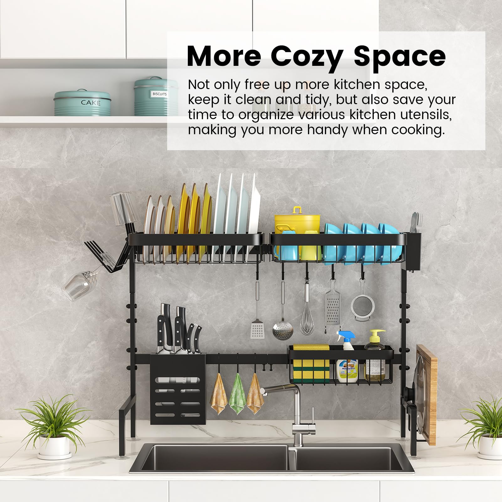 MERRYBOX Over The Sink Dish Drying Rack, 2-Tier Adjustable Length (25.6-33.5in), Stainless Steel Dish Drainer with Cutting Board Holder, Large Dish Rack for Kitchen Counter Organizer Space Saver