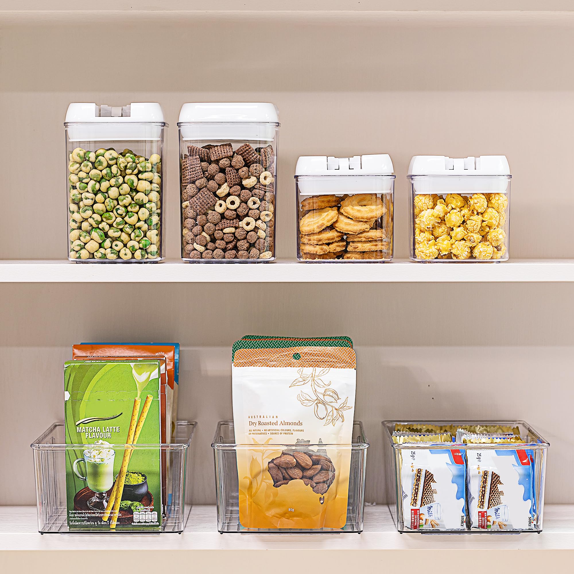 Vtopmart 6 Pack Food Storage Organizer Bins, Clear Plastic Bins for Pantry, Kitchen, Fridge, Cabinet Organization and Storage, 4 Compartment Holder Packets, Snacks, Pouches, Spice Packets