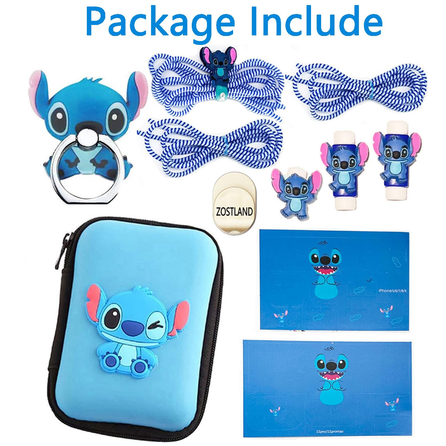 ZOSTLAND Blue ET Monster Set DIY Protectors Phone Ring Data Cable 5W 18W 20W USB Charger Data Line Earphone Wire Saver Protector Compatible iPhone 7 8 Plus X 11 12 13 14 15 Max iWatch (Upgrade Alien)