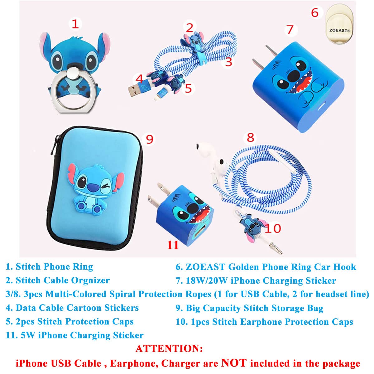 ZOSTLAND Blue ET Monster Set DIY Protectors Phone Ring Data Cable 5W 18W 20W USB Charger Data Line Earphone Wire Saver Protector Compatible iPhone 7 8 Plus X 11 12 13 14 15 Max iWatch (Upgrade Alien)
