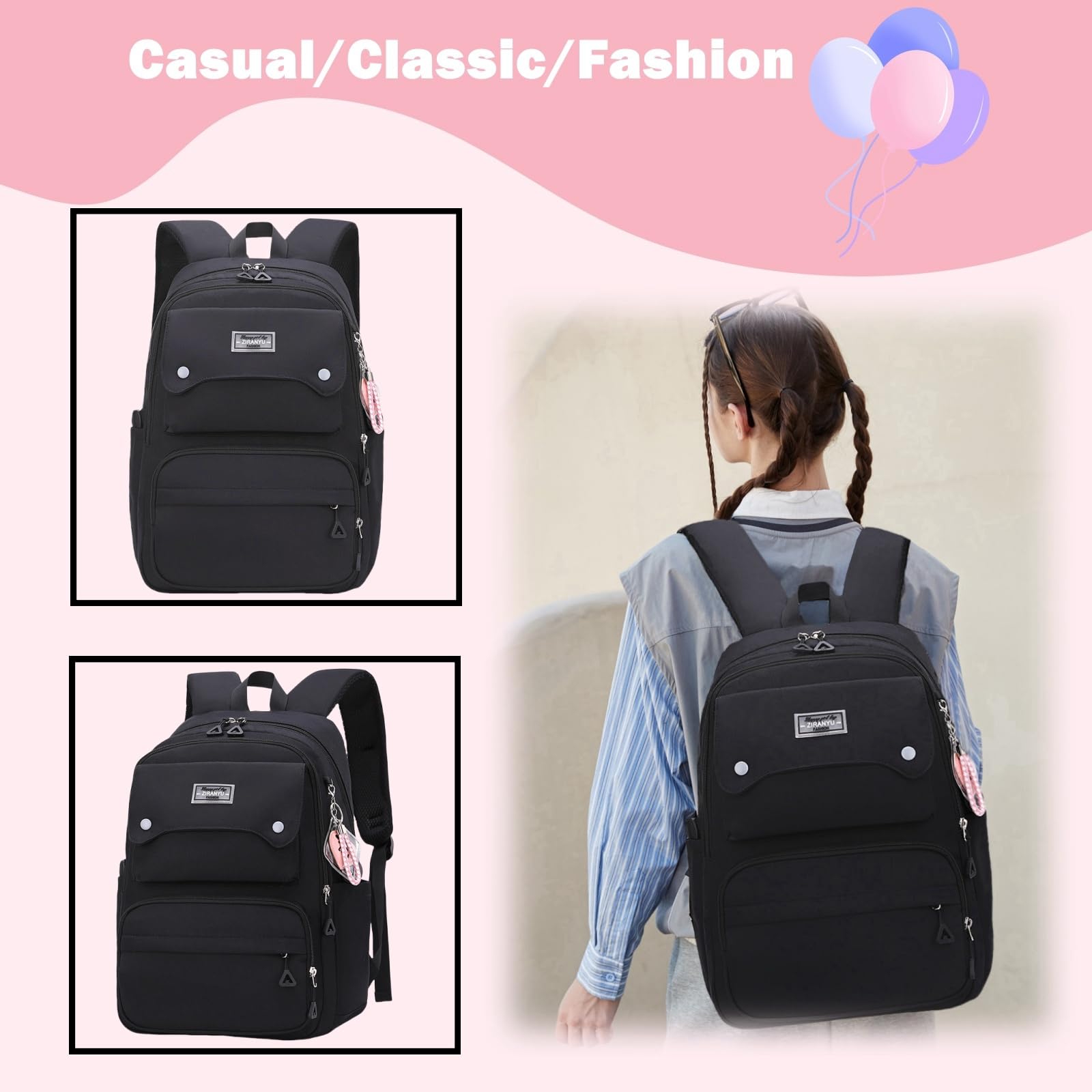 Girls Large-capacity Backpack Middle Elementary School Casual Bookbag Kids Outdoor Travel bag Solid Color Daypack for Teens