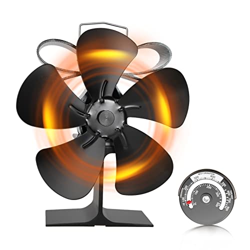 Gohantee 5 Blade Wood Stove Fan, Heat Powered, Ultra Silent, Eco-Friendly, Circulates Warm Air for Gas, Pellet, Wood Log Stoves with Thermometer