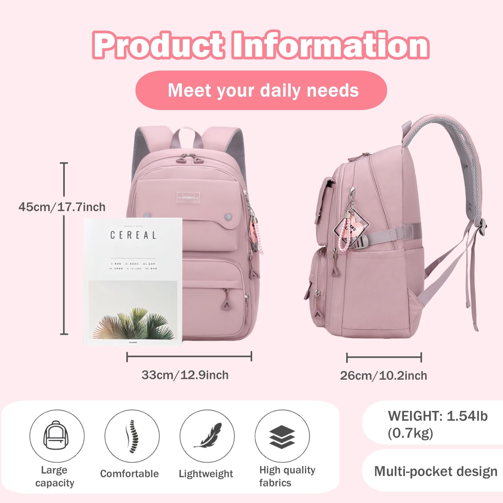 Girls Large-capacity Backpack Middle Elementary School Casual Bookbag Kids Outdoor Travel bag Solid Color Daypack for Teens