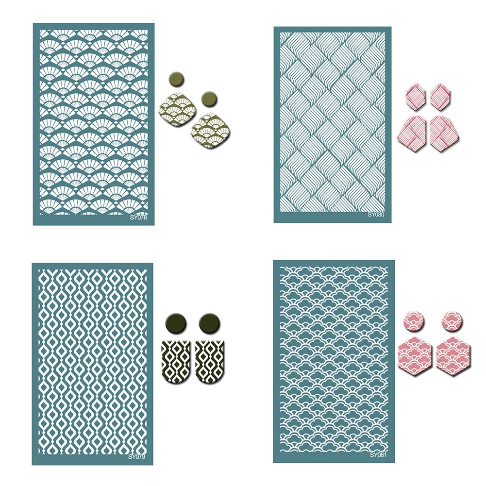 4 Pieces Silk Screen for Polymer Clay Silk Screen Stencils for Polymer Clay Silk Screens Printing Tools DIY Craft Earring Jewelry Making Supplies Reusable Silk Screen Stencils Decoration Kit Type 1