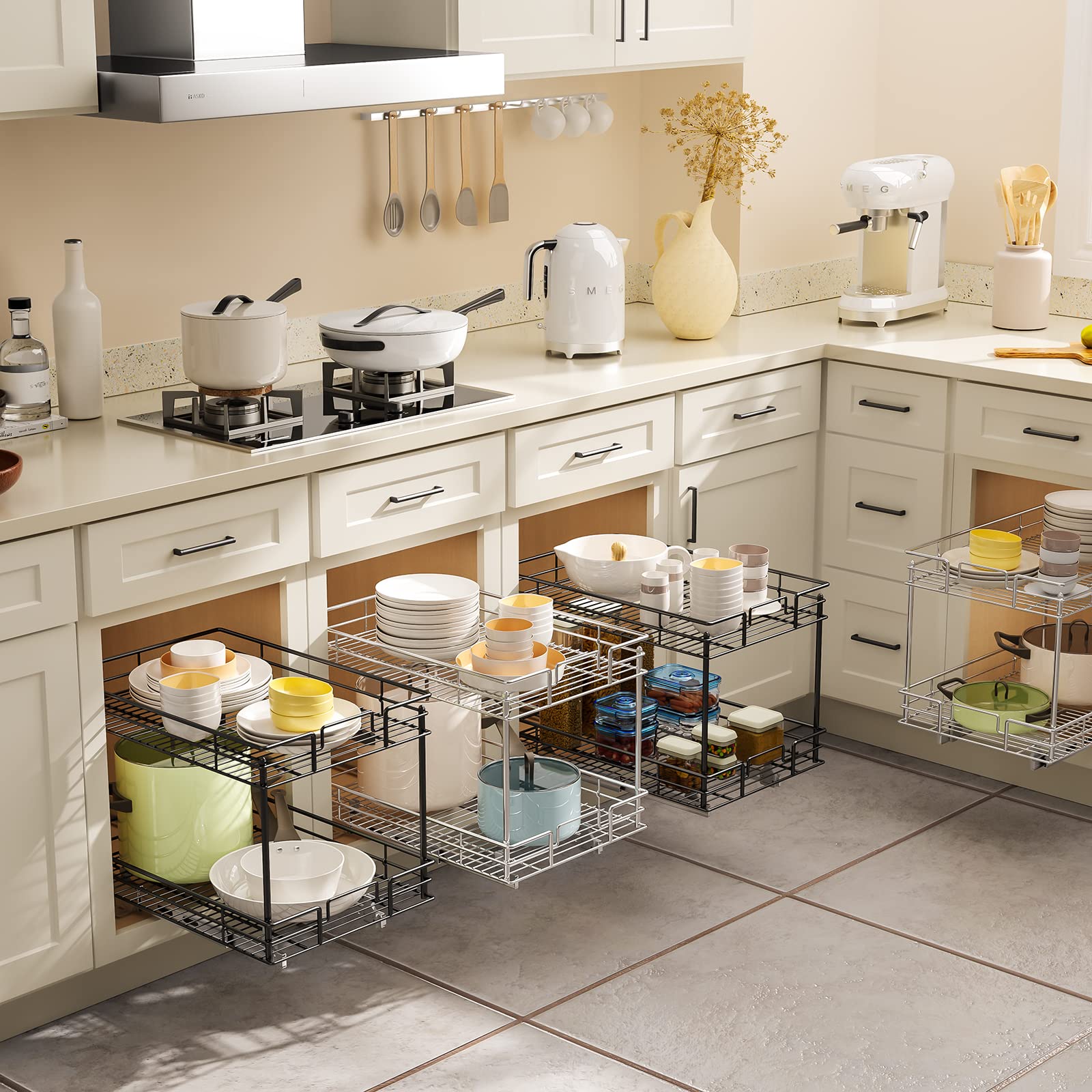 ROOMTEC Pull Out Cabinet Organizer 20" W x 21" D, Kitchen Cabinet Organizer and Storage 2-Tier Cabinet Pull Out Shelves Under Cabinet Storage for Kitchen Chrome