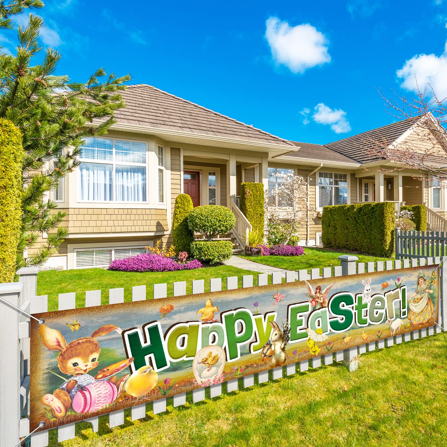 Happy Easter Banner Decorations Welcome Spring Vintage Easter Yard Sign Easter Themed Party Backdrop Banner for Indoor Outdoor Easter Decor
