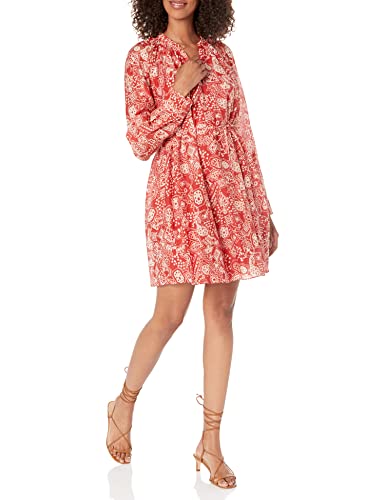 Rebecca Taylor Women's Long Sleeve Shirt Dress, Labyrinth Print Red Clay Combo, Small