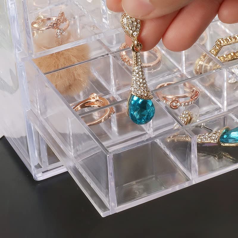 FEECKOCK Earring Organizer Box Acrylic Jewelry Box Storage Drawers, Clear Plastic Display Case Compartments Tray, Holder for Rings Necklaces Earrings, Beads, Crystal, Stone