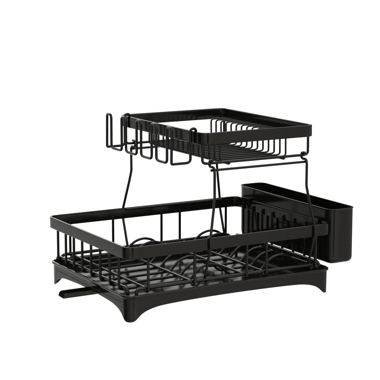 HERJOY Dish Drying Rack, Detachable 2 Tier Dish Rack and Drainboard Set, Large Capacity Dish Drainer Organizer Shelf with Utensil Holder, Cup Rack for Kitchen Counter, Black
