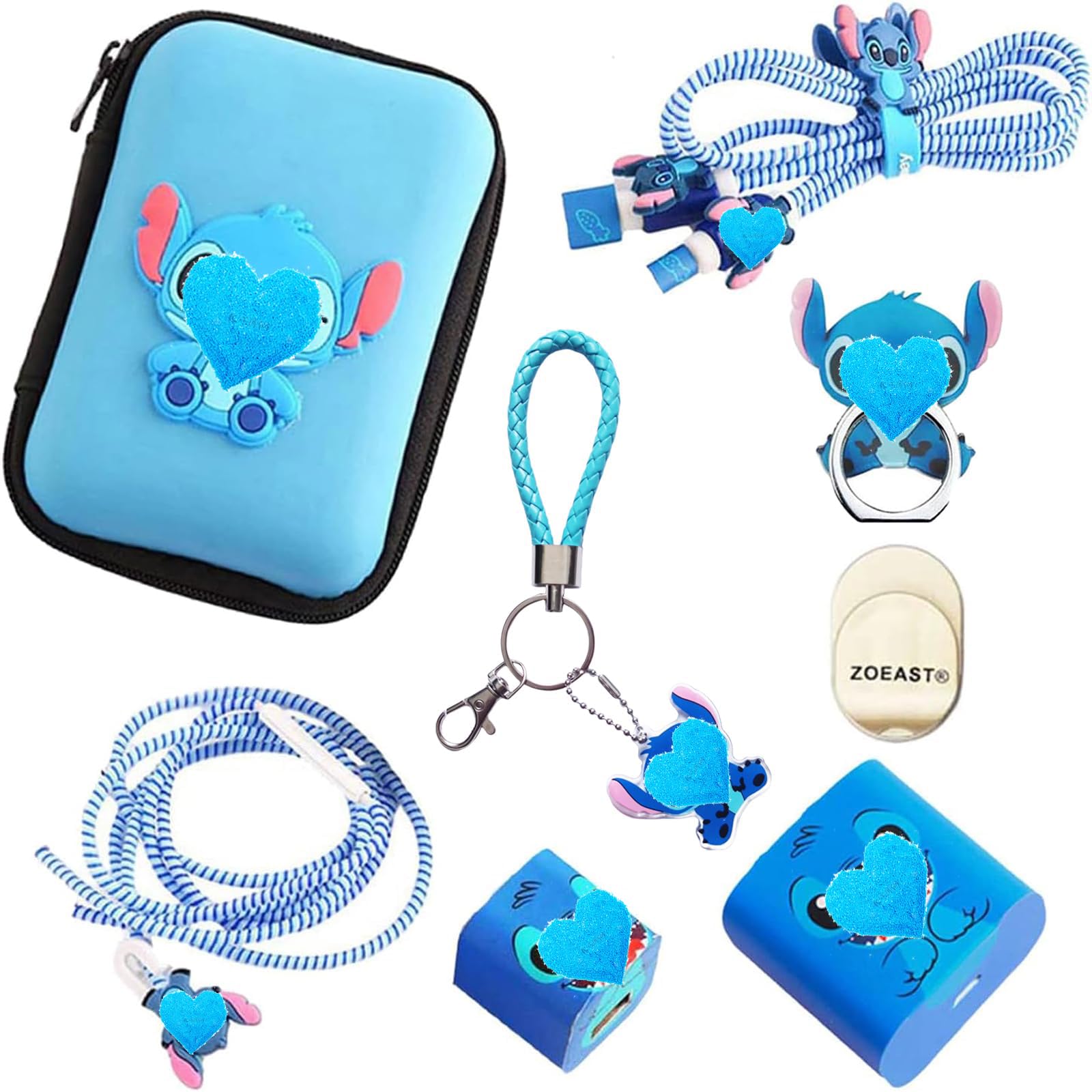ZOSTLAND Blue ET Monster Set DIY Protectors Phone Ring Data Cable 5W 18W 20W USB Charger Data Line Earphone Wire Saver Protector Compatible iPhone 7 8 Plus X 11 12 13 14 15 Max iWatch (Upgrade Alien)