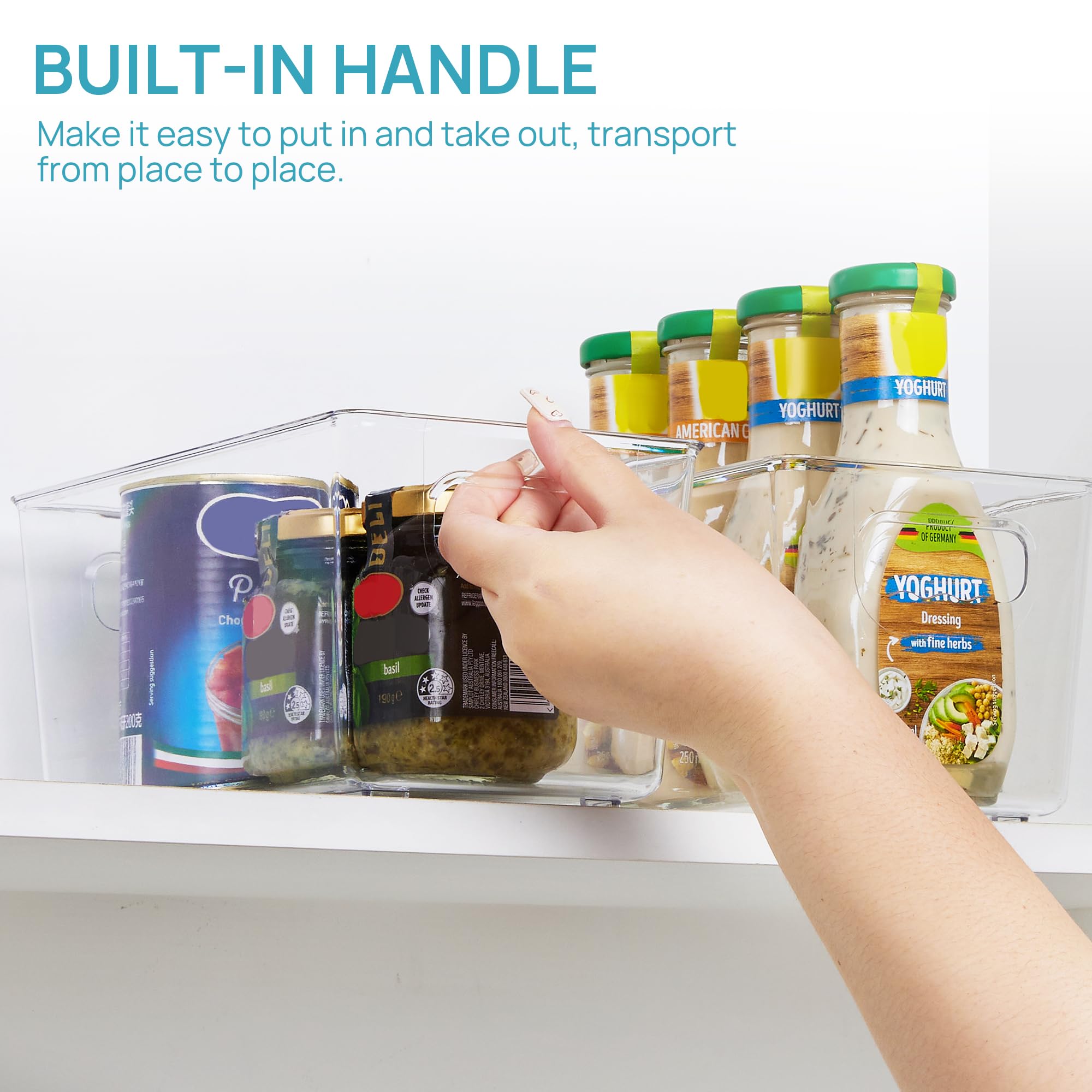 Vtopmart Clear Plastic Pantry Organizer Bins, 6 PCS Food Storage Bins with Handle for Refrigerator, Fridge, Cabinet, Kitchen, Countertops, Cupboard, Freezer Organization and Storage, BPA Free, Small